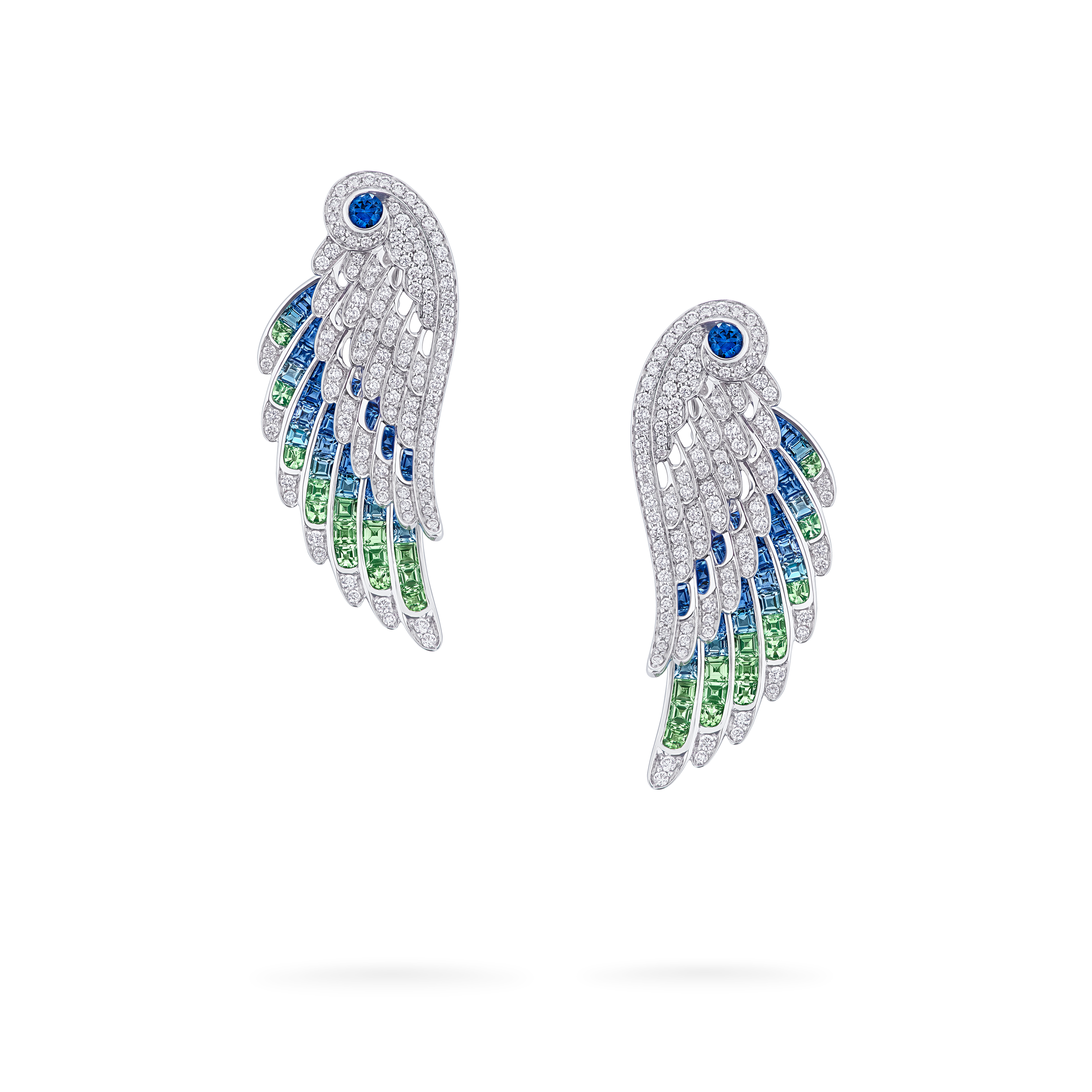 Wings Embrace Peacock Drop Earrings | In 18ct White Gold with Diamonds